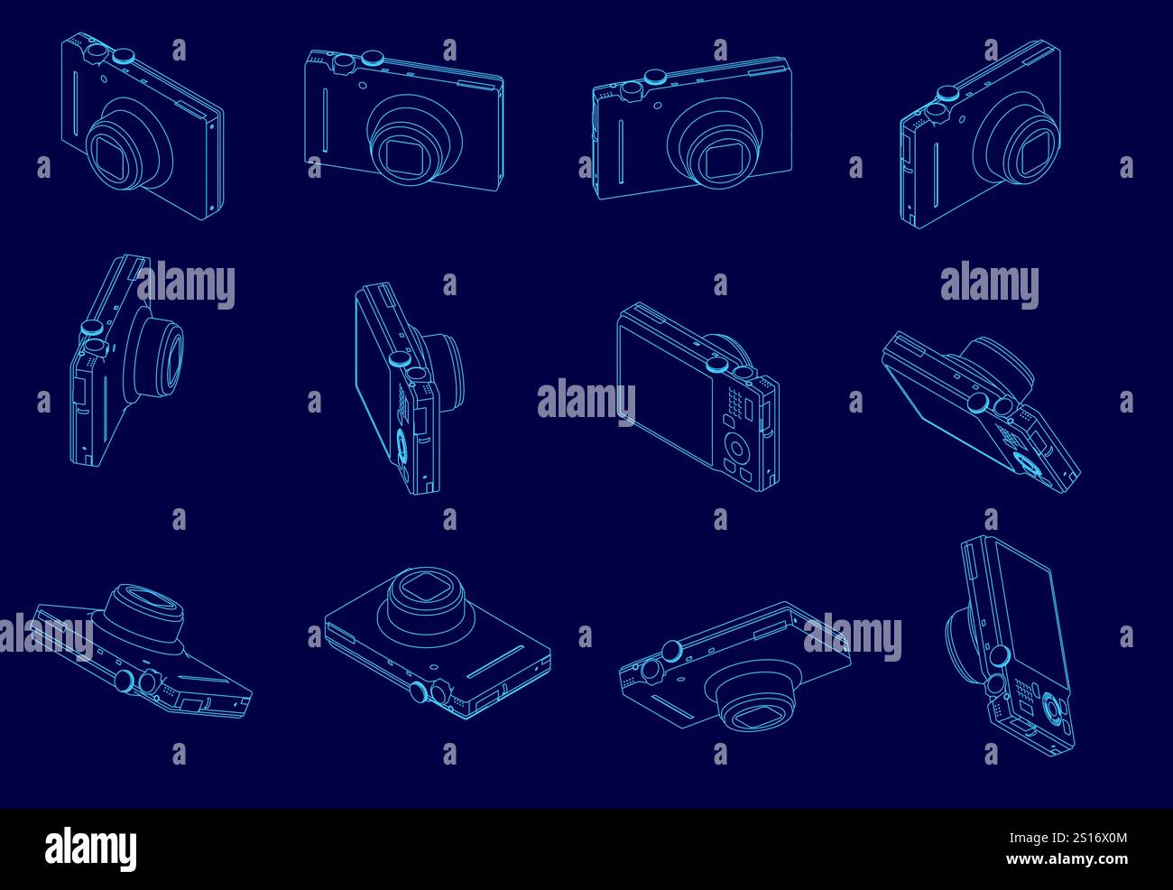 Series of blue images of a camera. The camera is shown from different ...