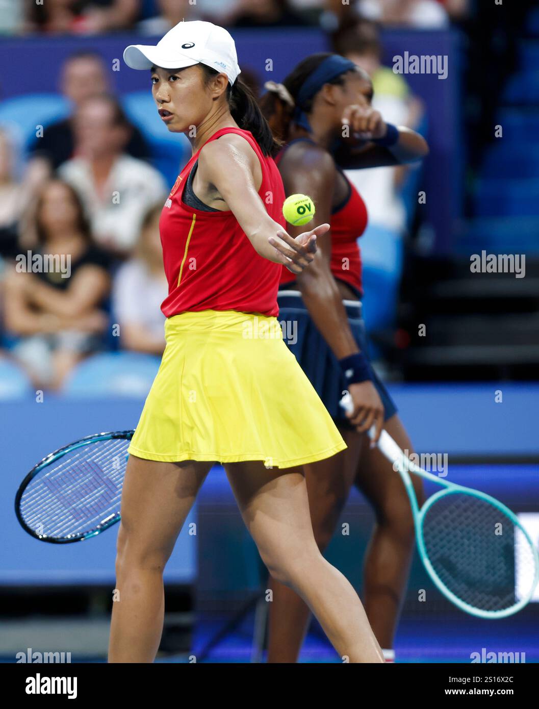 Perth, Australia. 1st Jan, 2025. Zhang Shuai of China reacts during the ...