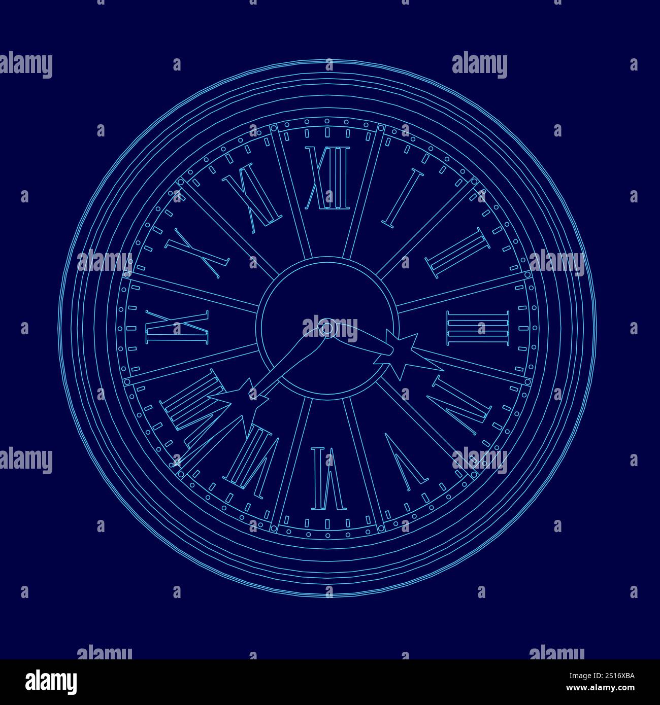 Blue clock with roman numerals on it. The clock is showing the time ...