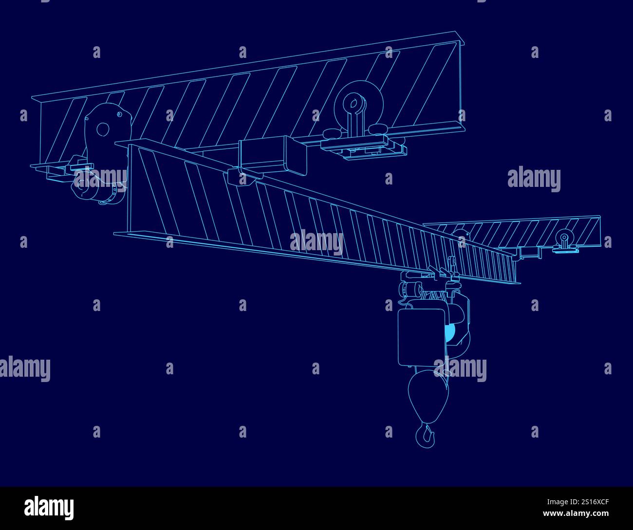 Blue drawing of a crane. The crane is shown in a blue color scheme ...