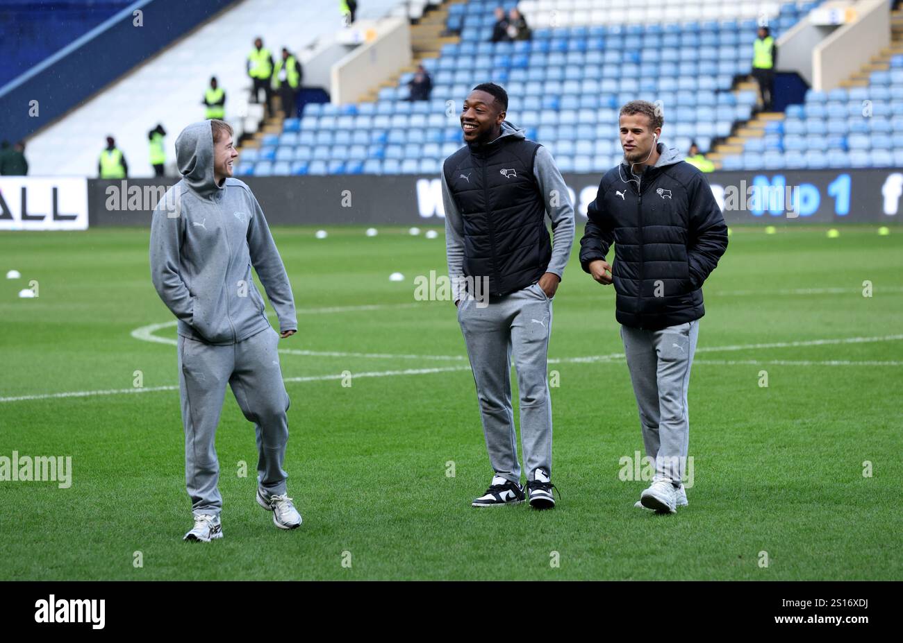 (left to right) Derby County's Liam Thompson, Ebou Adams and Kenzo Goudmijn during the Sky Bet ...
