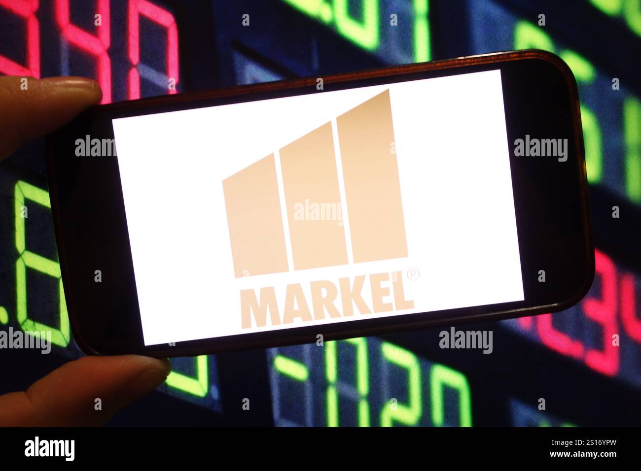 In this photo illustration, the Markel company logo is seen displayed ...
