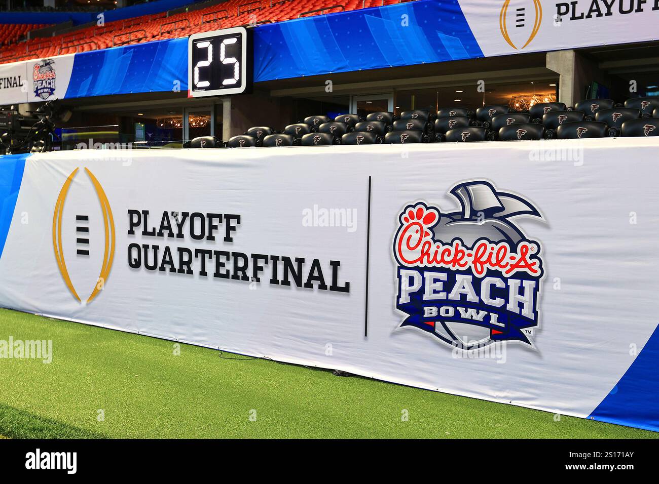 ATLANTA, GA - JANUARY 01: Bowl game logos around the field before the ...