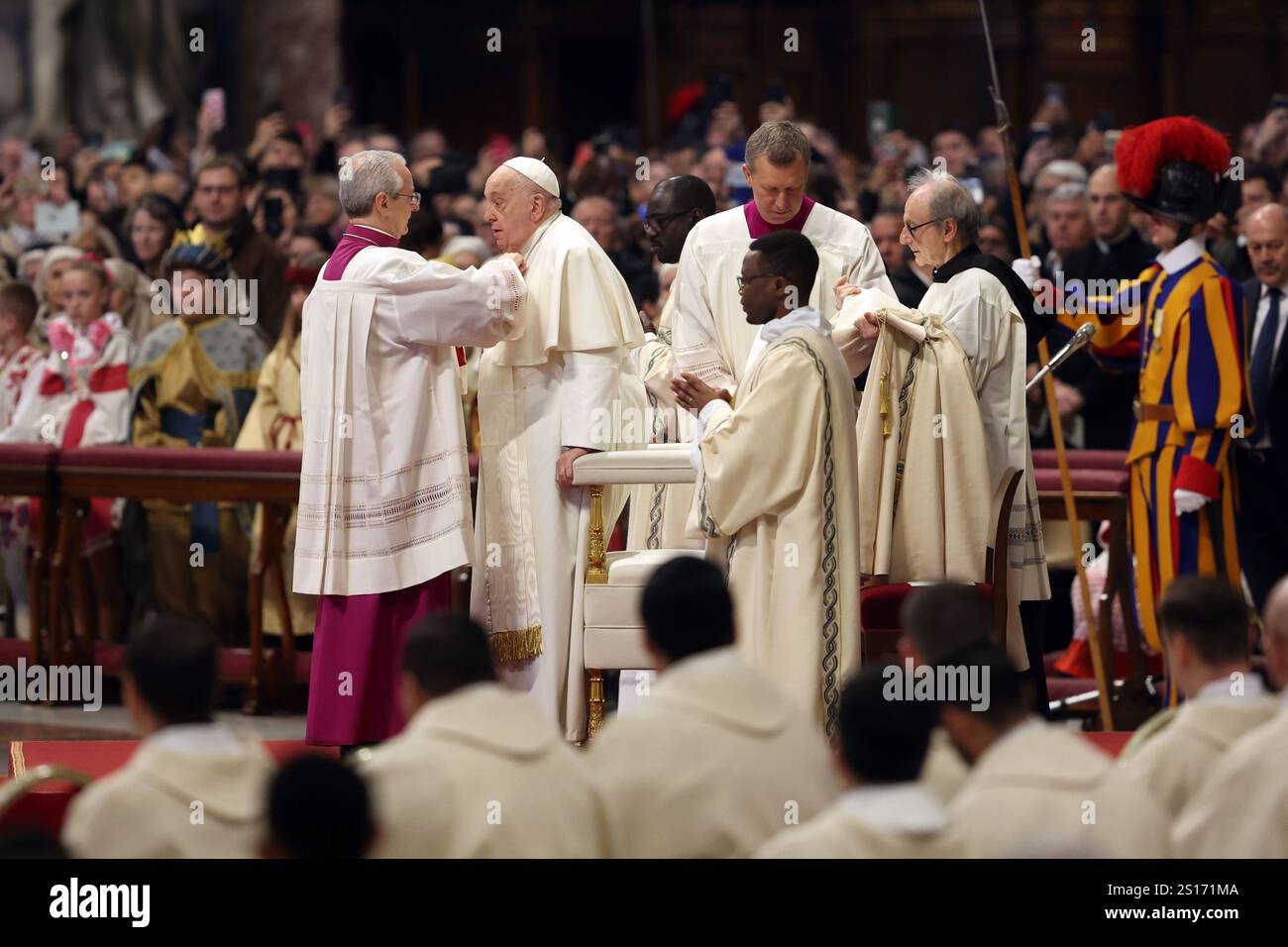 Vatican City, Italy 01.01.2025 : Pope Francis wears the skullcap before ...