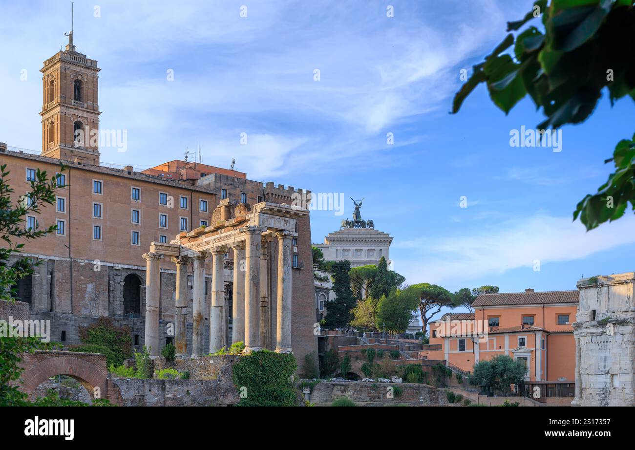 Rome cityscape, Italy: glimpse from Roman forum with Temple of Saturn ...
