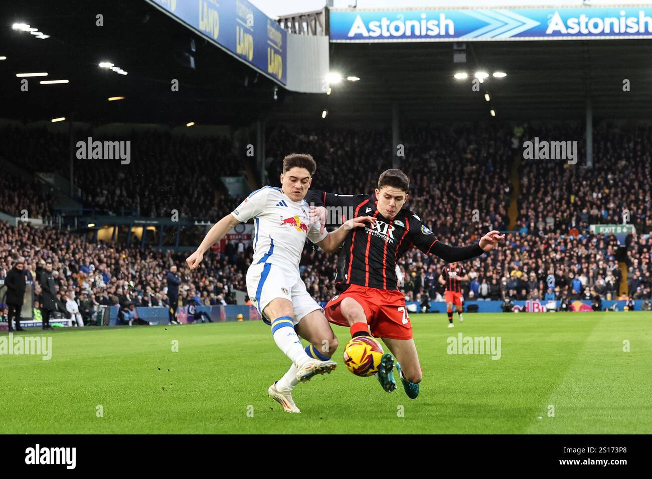 Leeds, UK. 01st Jan, 2025. Daniel James of Leeds United and Owen Beck ...