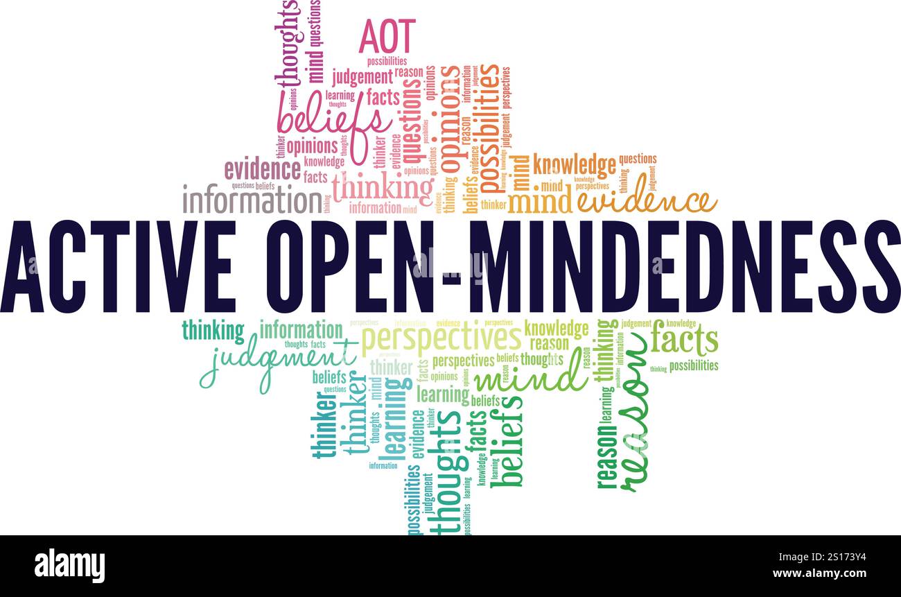 Active Open-Mind Thinking: Open-Mindedness word cloud conceptual design isolated on white ...