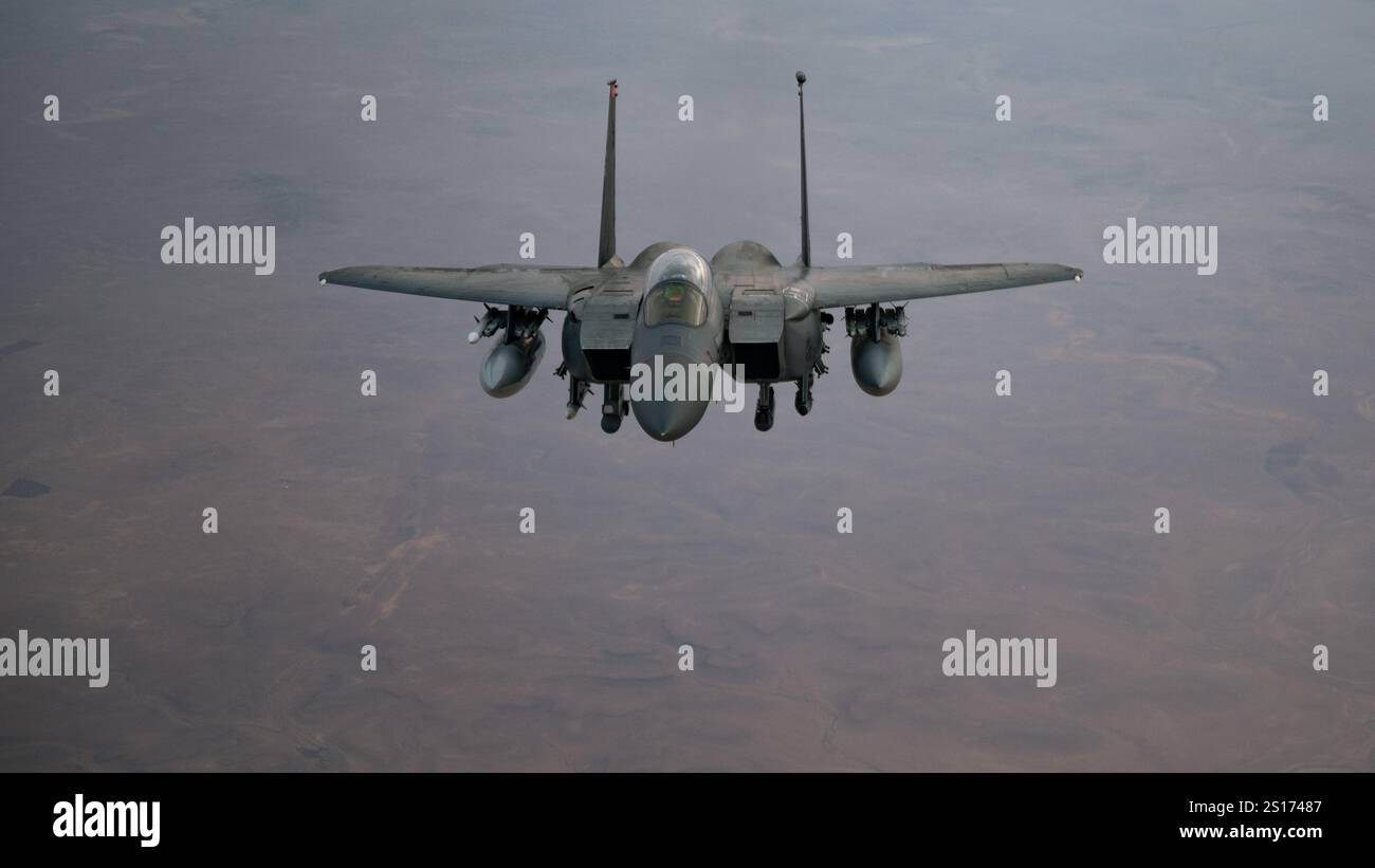 A U.S. Air Force F-15E Strike Eagle conducts combat patrols over U.S. Central Command area of ...