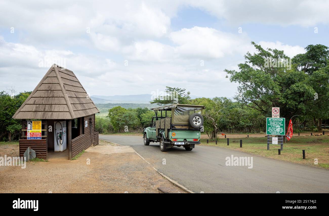 Safari vehicle heading out on game drive from Mpila Camp in Hluhluwe ...