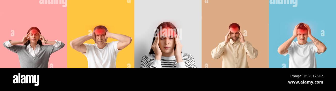 Set of people feeling pain in head on color background Stock Photo - Alamy