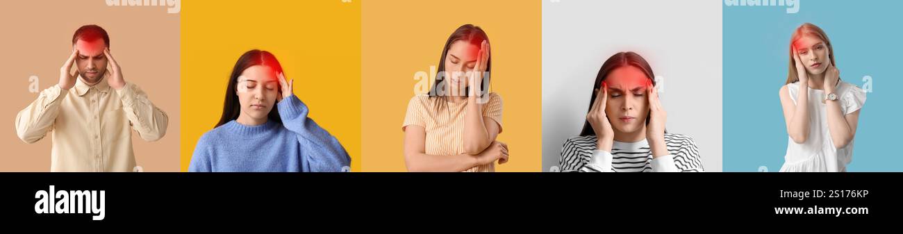 Set of people feeling pain in head on color background Stock Photo - Alamy
