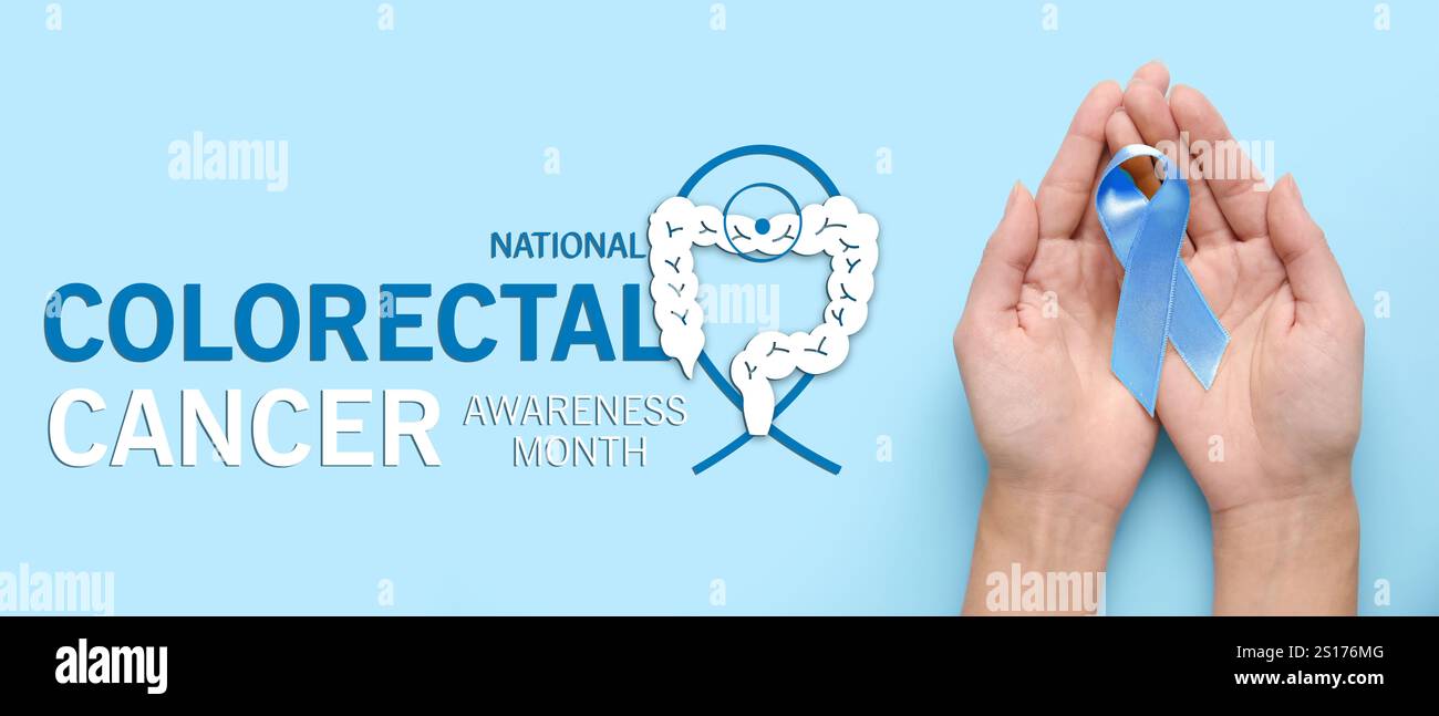 Hands with blue awareness ribbon on color background. Banner for ...