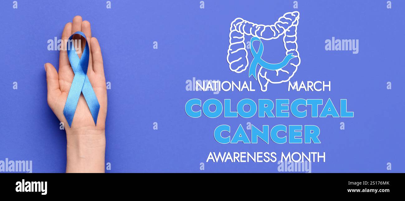 Hand with blue awareness ribbon on color background. Banner for ...