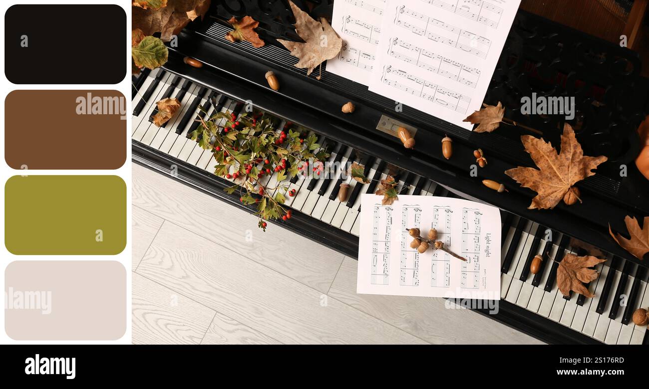Autumn leaves, berries and note sheets on grand piano, top view ...