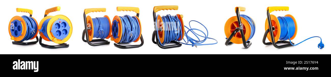 Set of extension cable reel on white background Stock Photo - Alamy