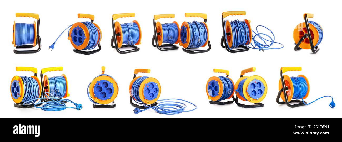 Set of extension cable reel on white background Stock Photo - Alamy