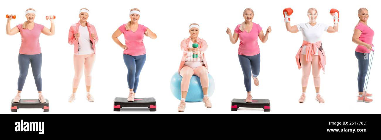 Collage of sporty mature woman on white background Stock Photo - Alamy