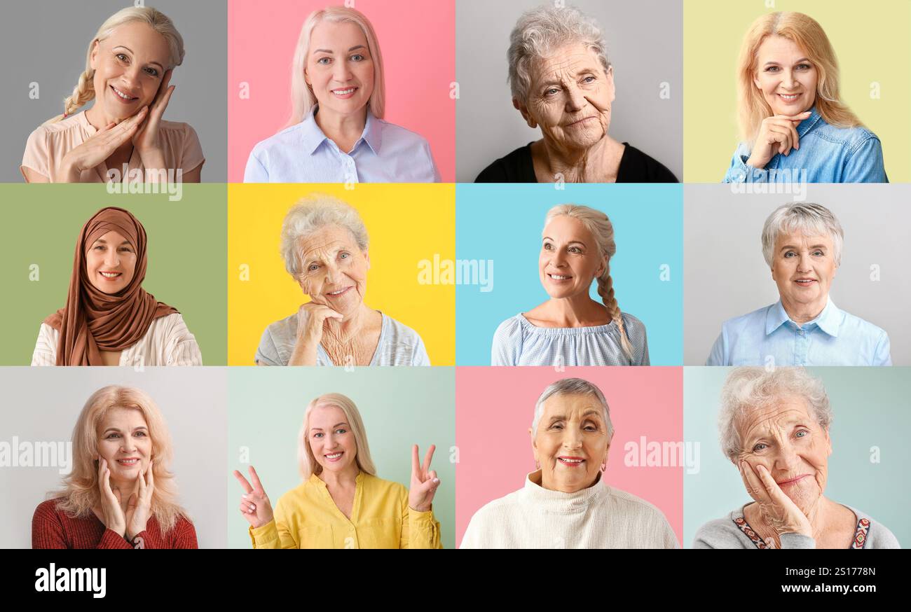Collage of elderly women on color background Stock Photo - Alamy