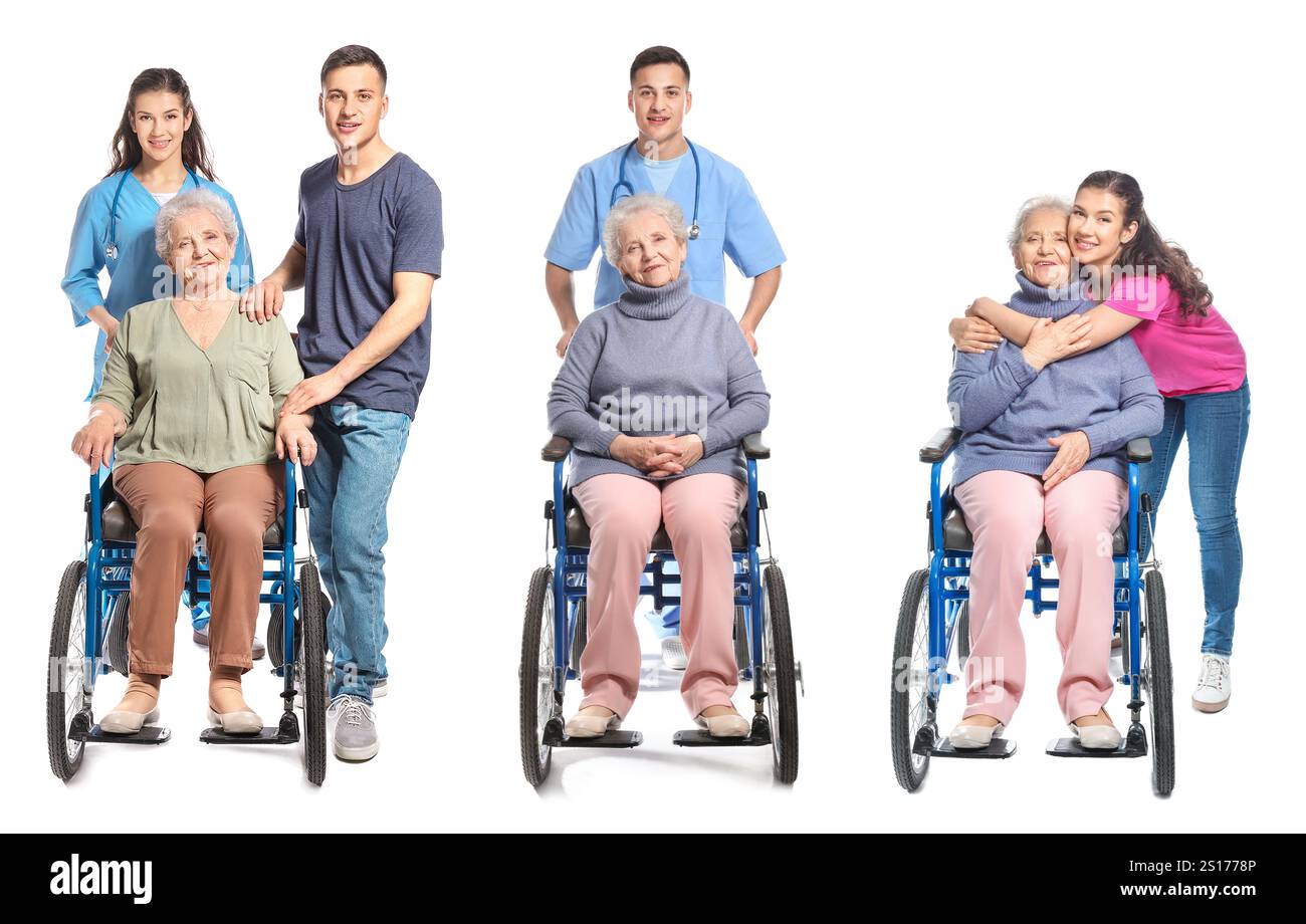 Collage of elderly woman in wheelchair and with young caregivers on ...