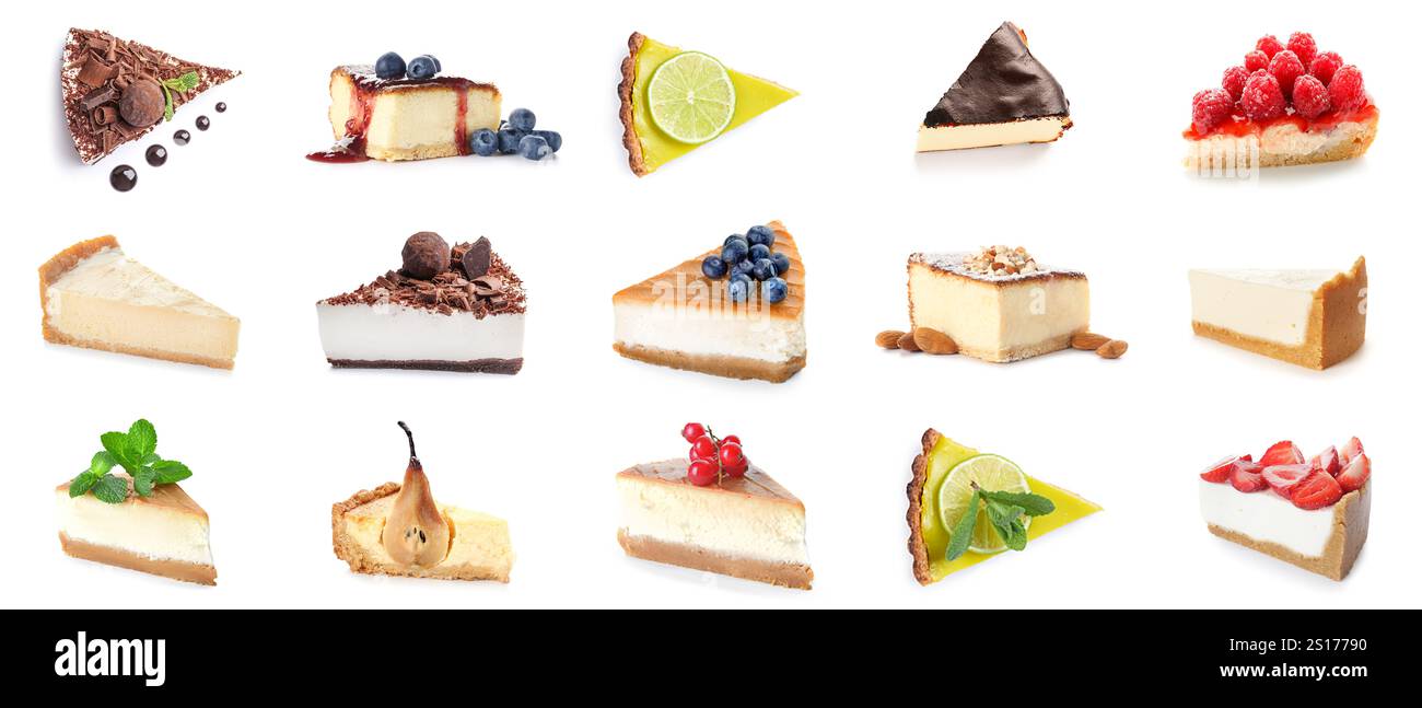 Set of tasty cheesecake pieces on white background Stock Photo - Alamy