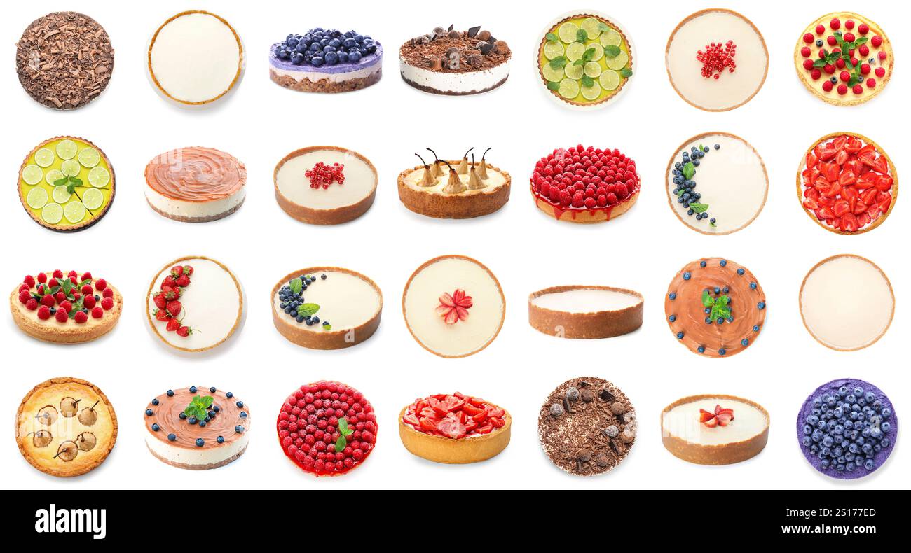 Set of many delicious cheesecakes on white background Stock Photo - Alamy