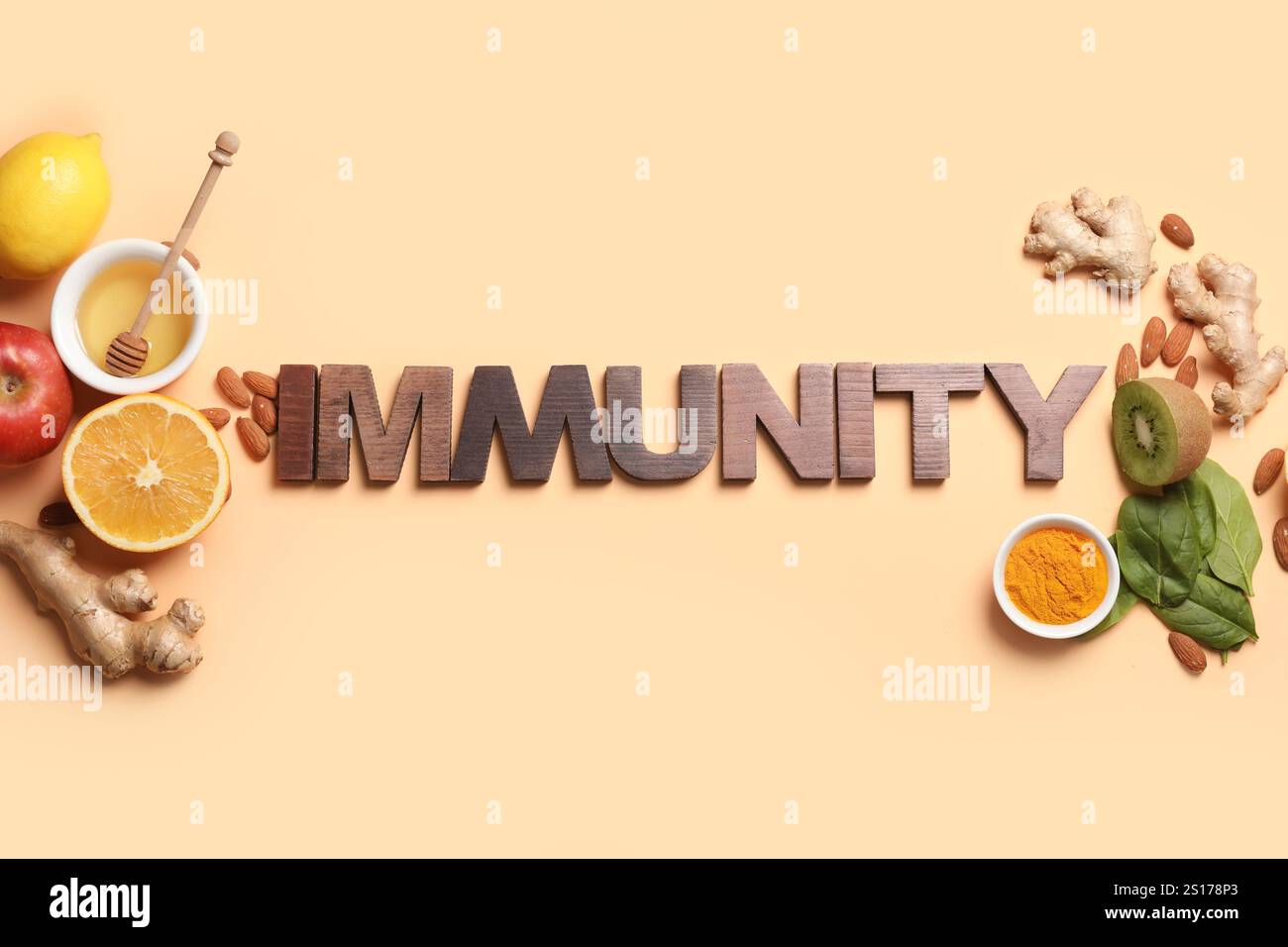 Composition with word IMMUNITY made of wooden letters and healthy food ...