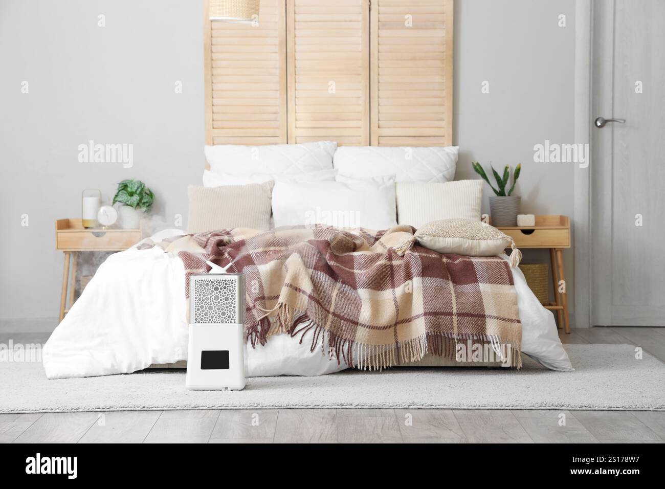 Interior of bedroom with bedside tables, houseplants and modern ...