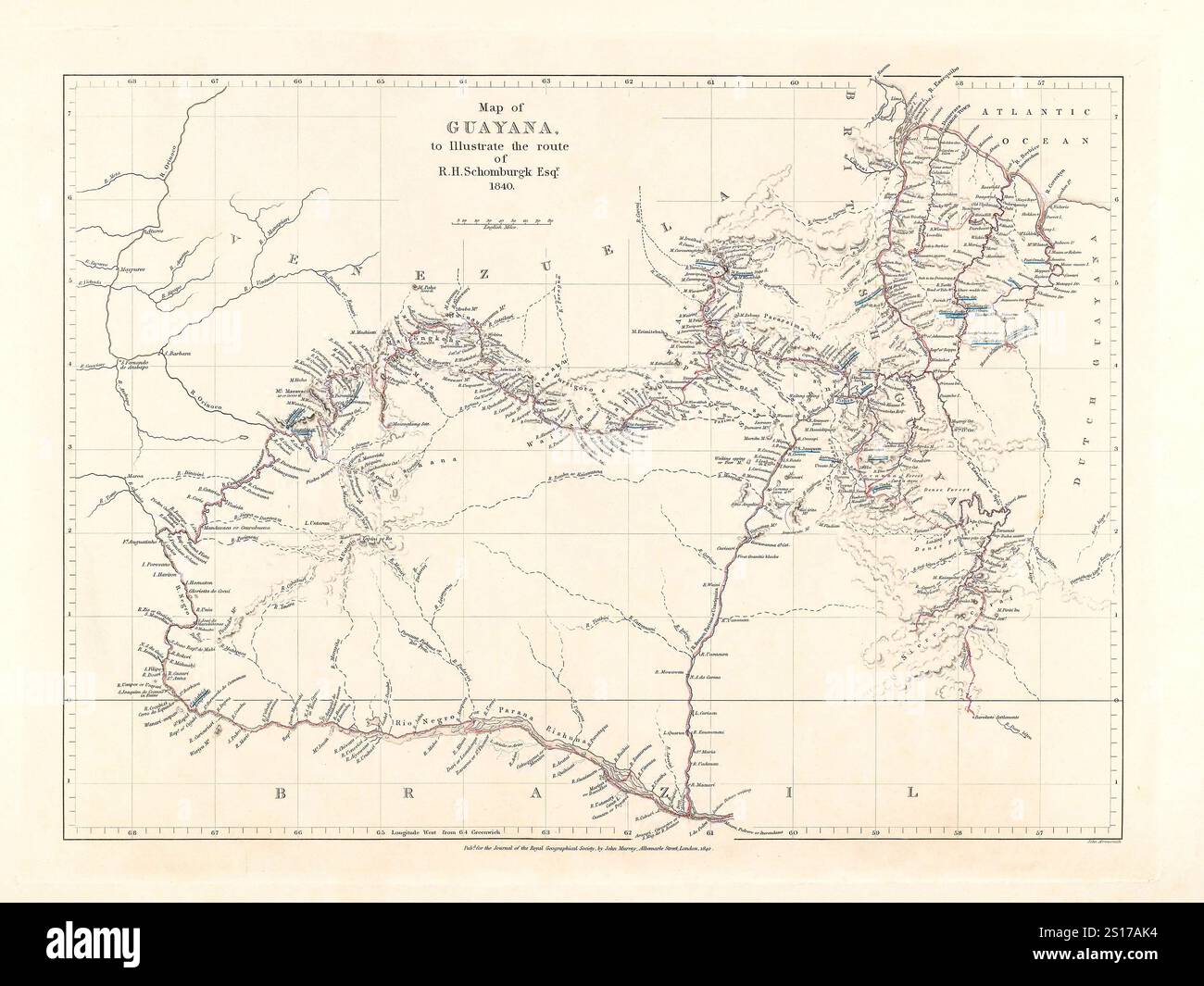 Vintage Map of Guyana, 1840, Showing the route of R.H. Schonburgk Stock ...