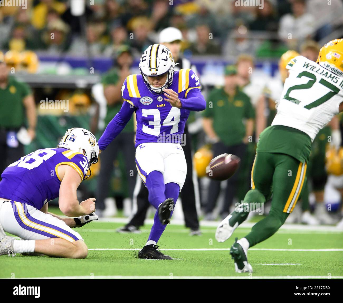 HOUSTON, TX - DECEMBER 31: LSU Tigers kicker Damian Ramos (34) attempts a field goal during the ...