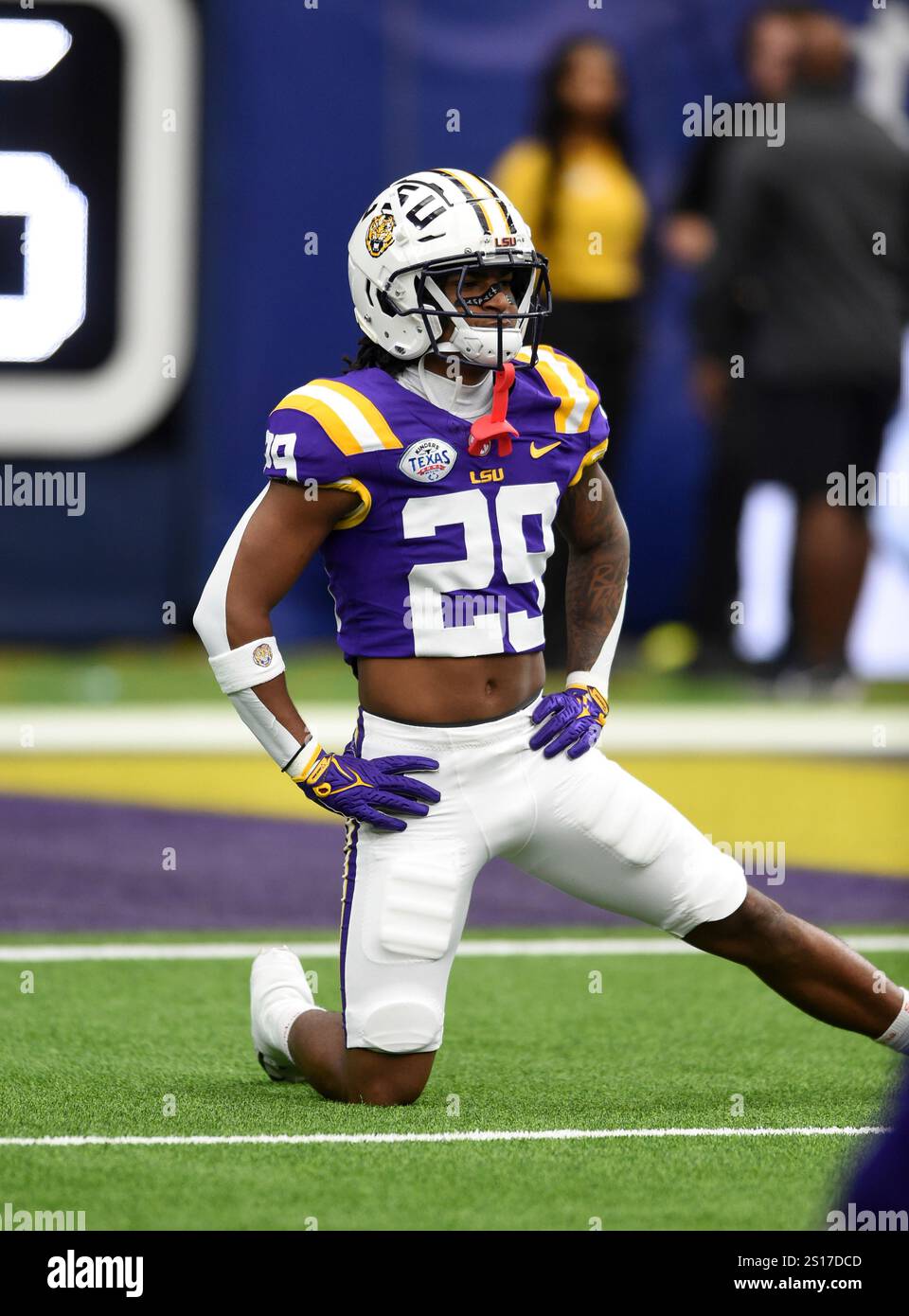 HOUSTON, TX - DECEMBER 31: LSU Tigers DB Wallace Foster IV warms up prior to the Kinder's Texas ...