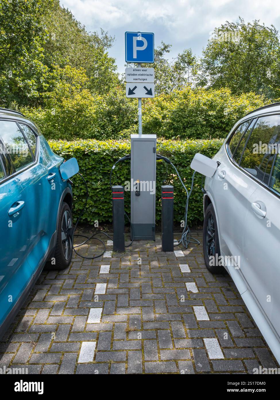 Power supply plugged into electric cars being charged on public ...