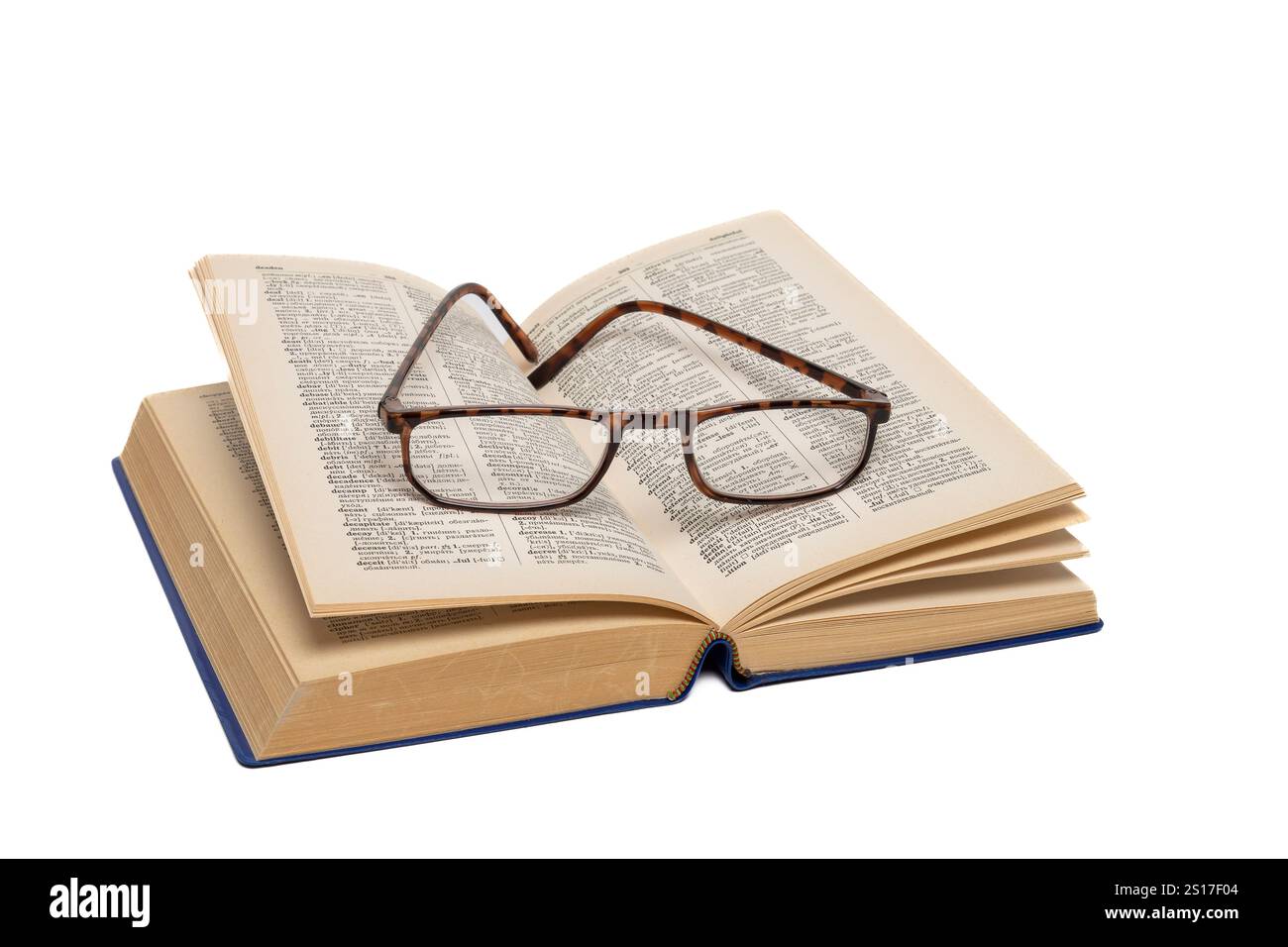 Open dictionary with glasses isolated on white background Stock Photo ...