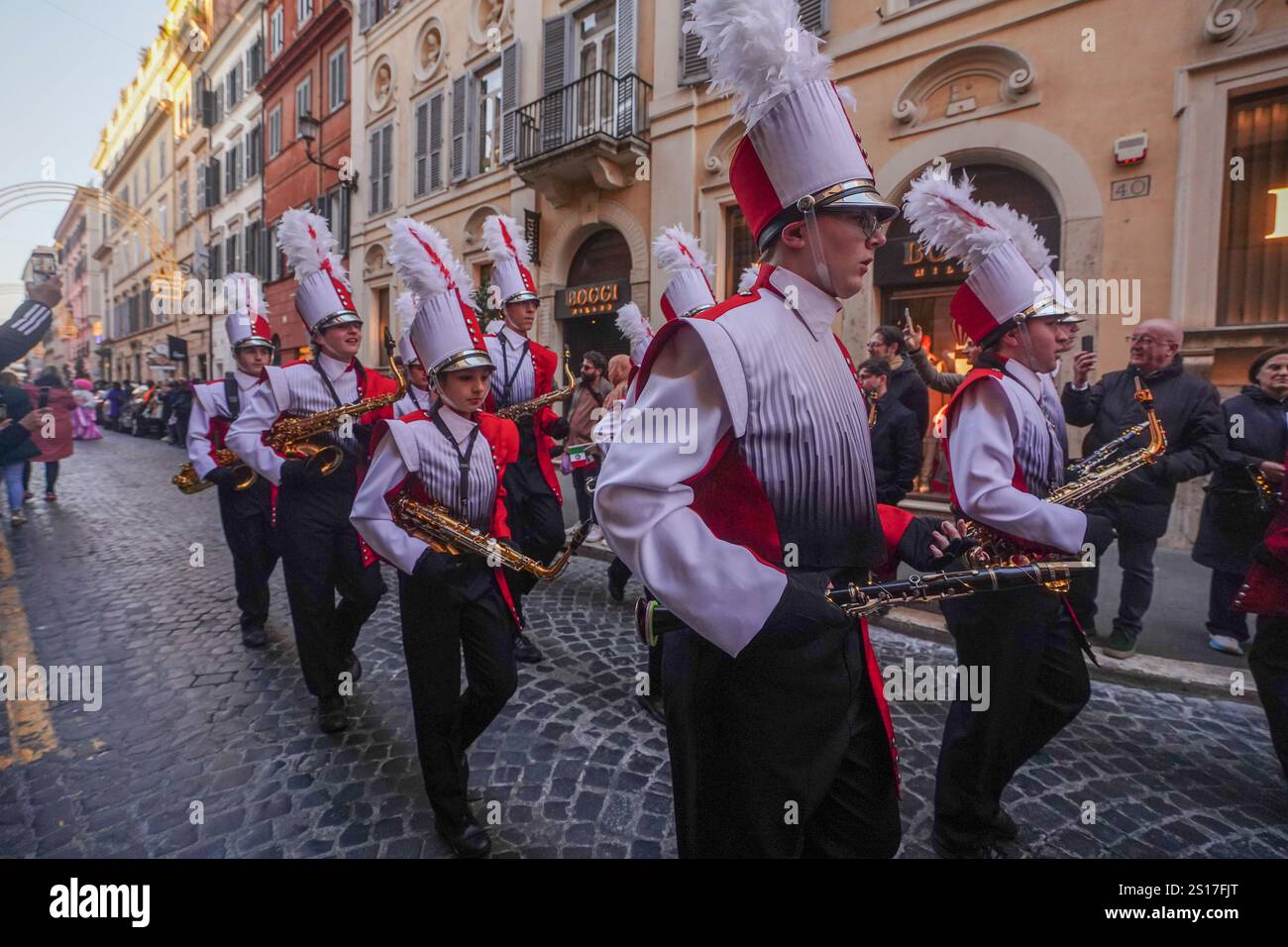 Rome, Italy 1 January 2025 Performers including American marching bands ...