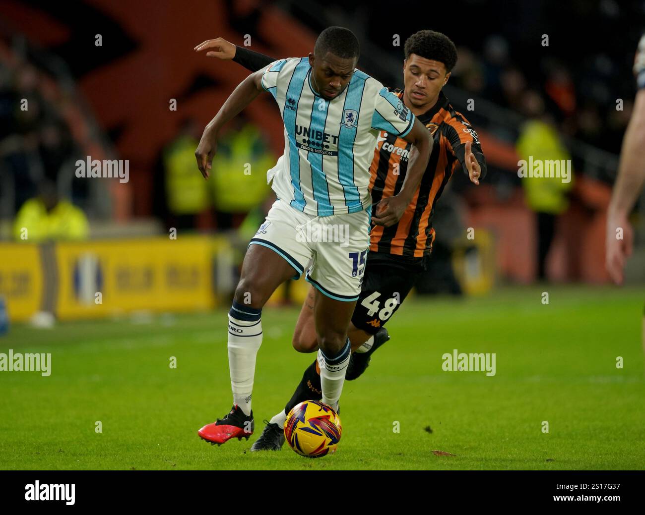 Middlesbrough's Anfernee Dijksteel (left) and Hull City's Mason Burstow ...