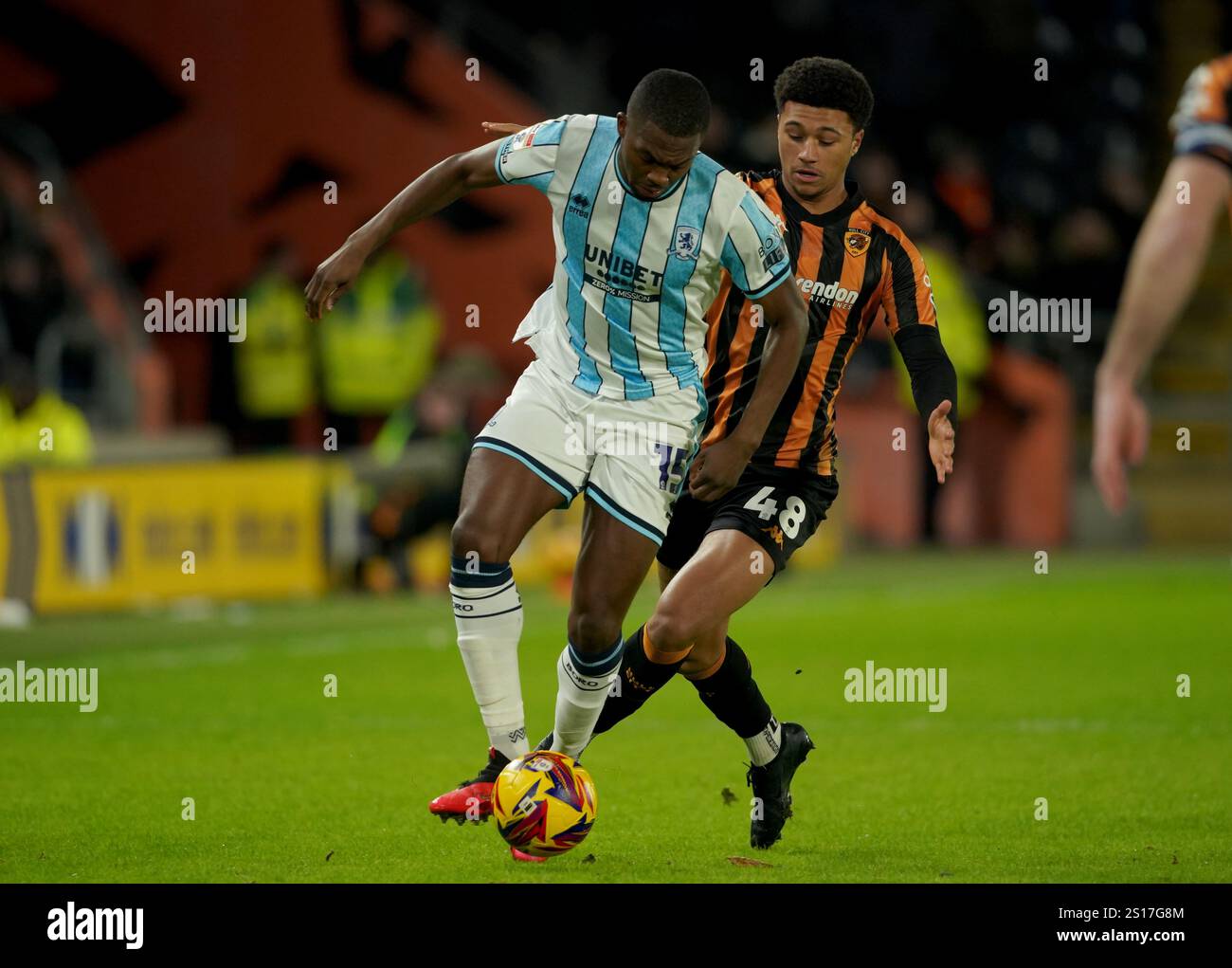 Middlesbrough's Anfernee Dijksteel (left) and Hull City's Mason Burstow ...