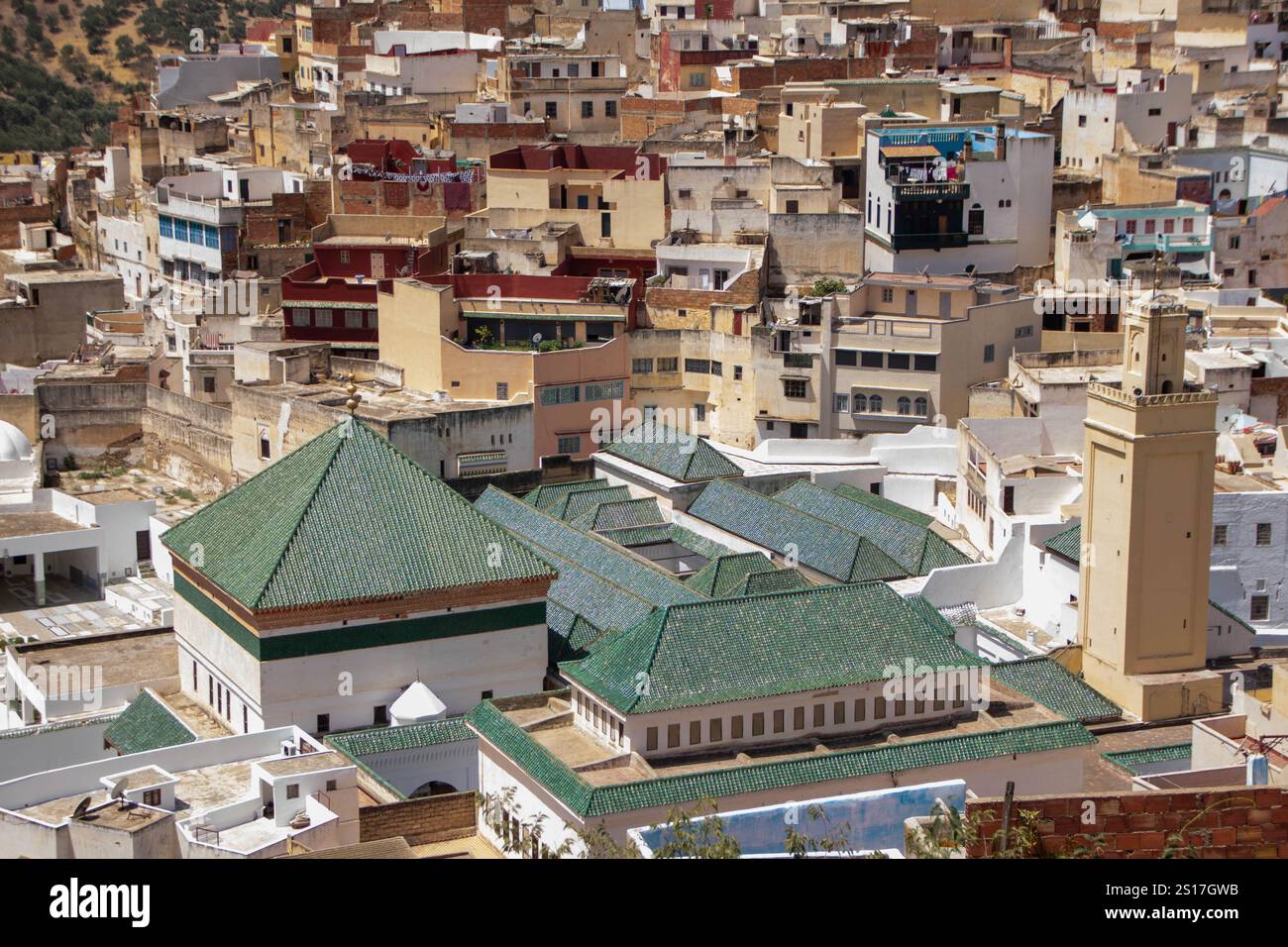 aerial view of the Medina and religious complez of Zawiya at Moulay ...