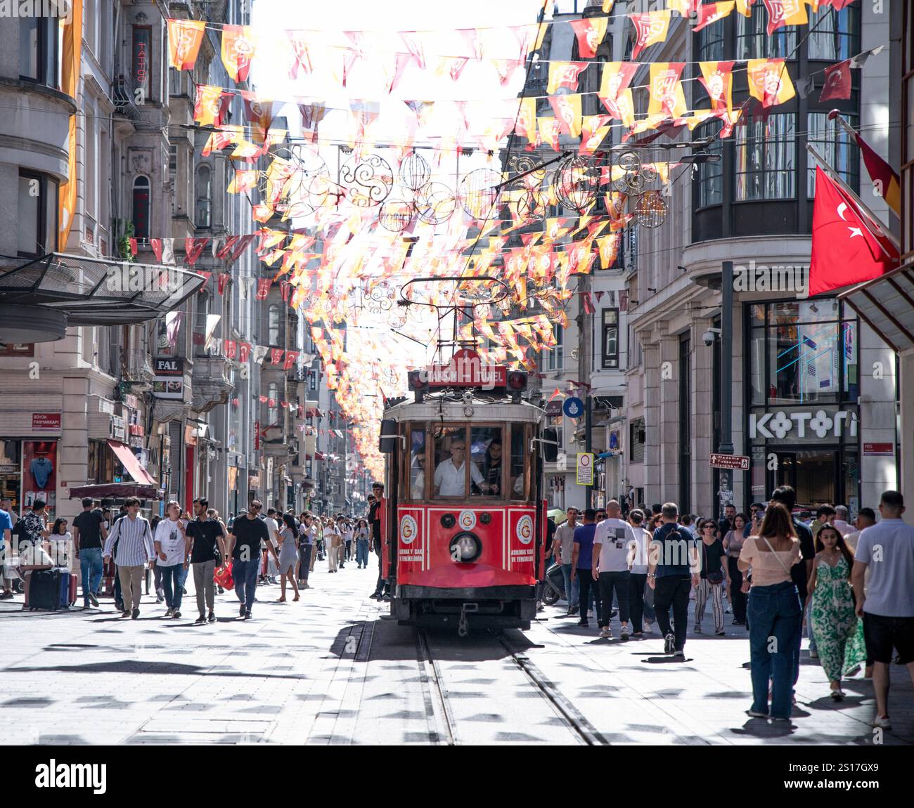 The red nostalgic tram on the Taksim-Tunel Nostalgia Tramway in ...