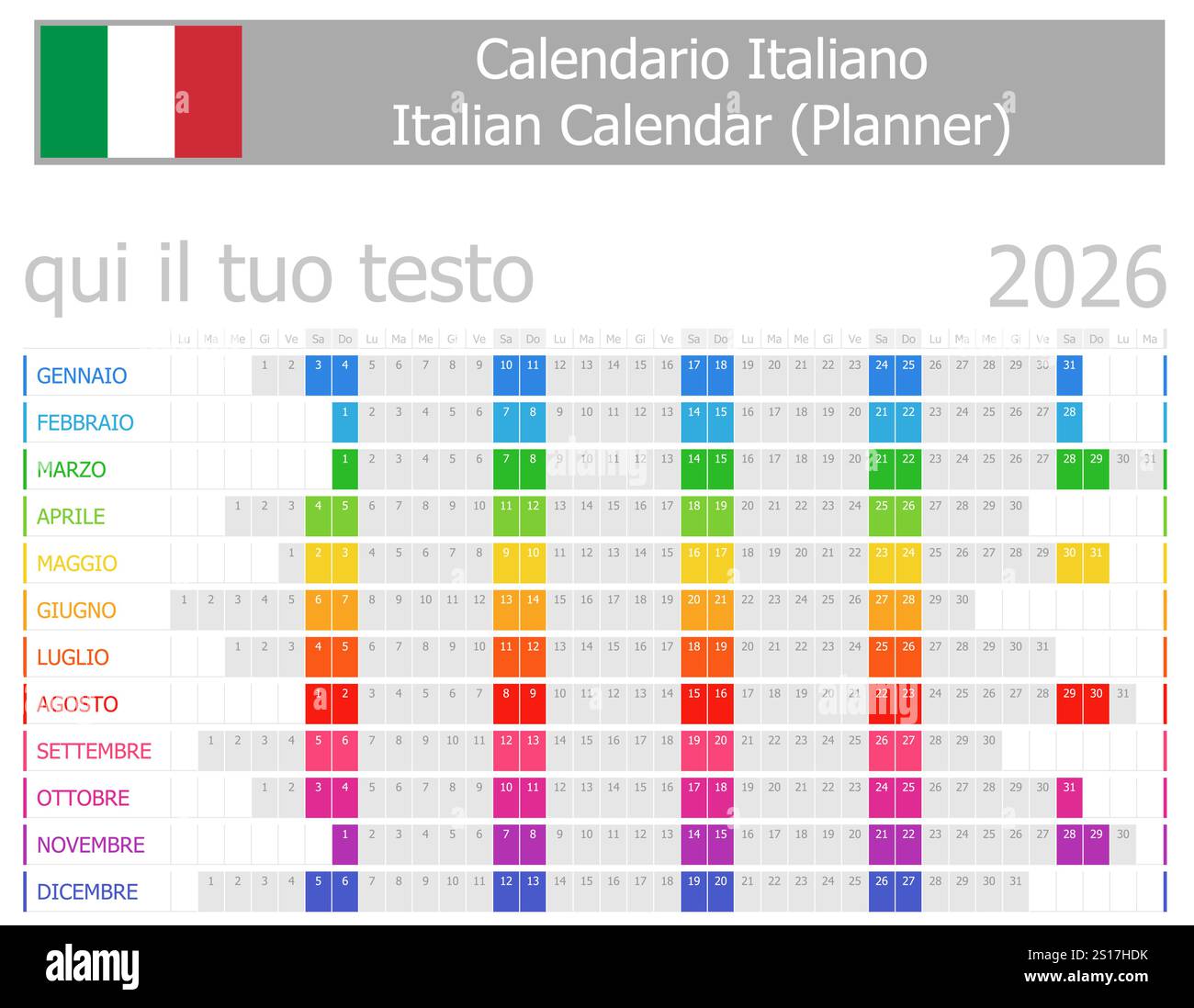 2026 Italian Planner Calendar with Horizontal Months on white ...