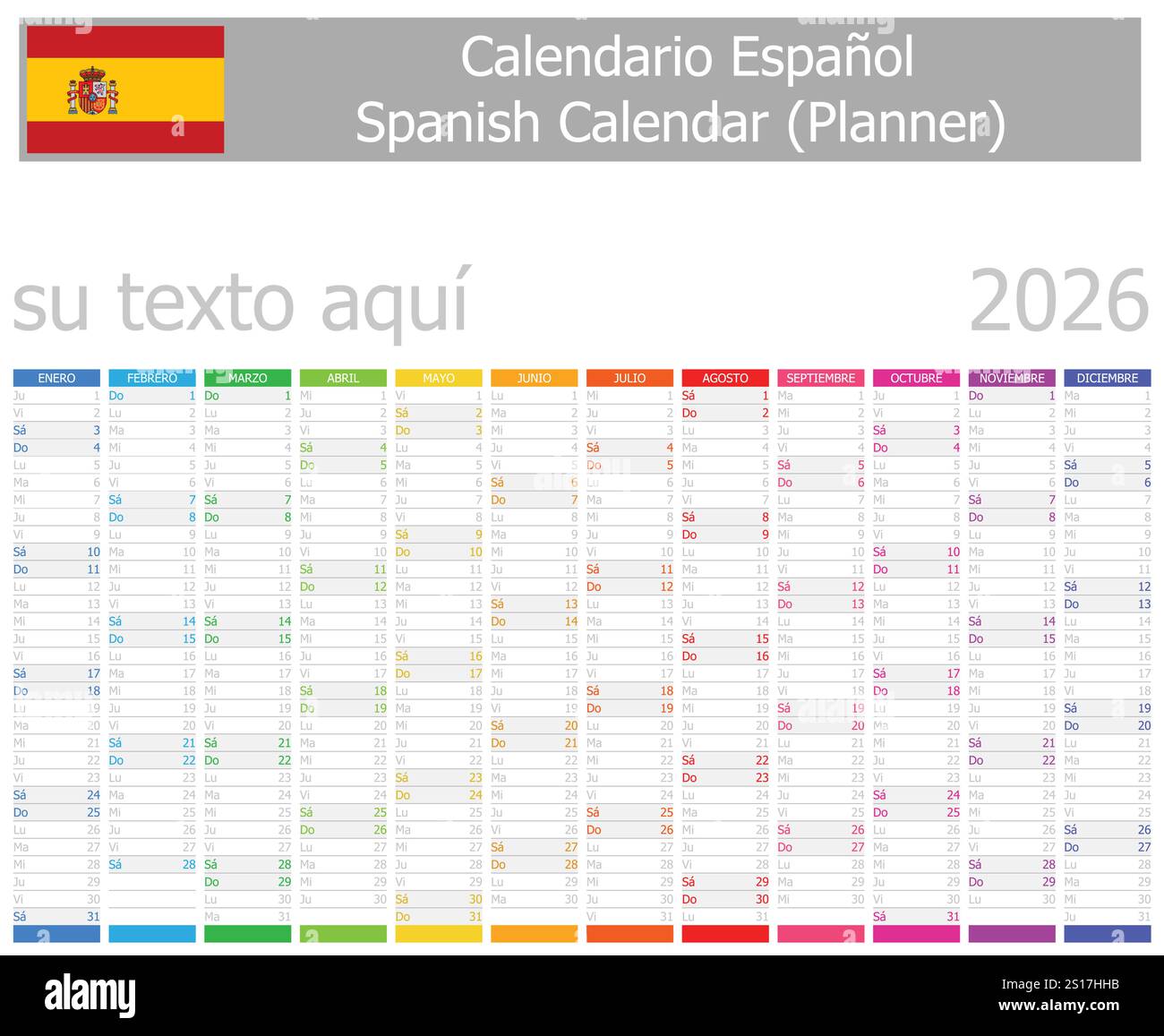 2026 Spanish Planner Calendar with Vertical Months on white background ...