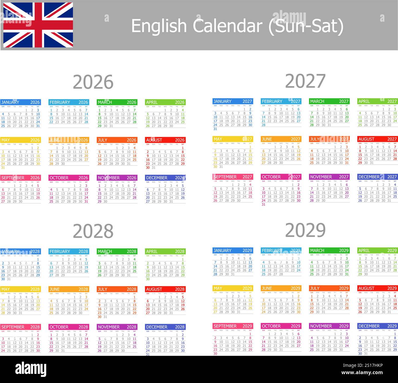 2026-2029 English Type-1 Calendar Sun-Sat on white background Stock ...