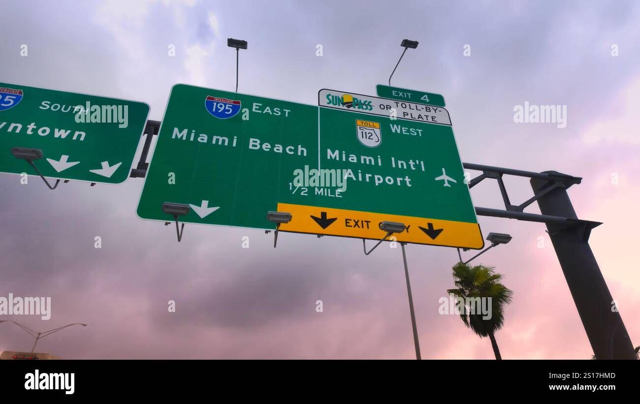 Miami Beach and Miami International Airport directional signs on the ...
