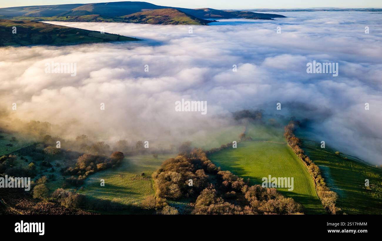 Aerial view of thick fog and farmland in late afternoon sunlight Stock ...
