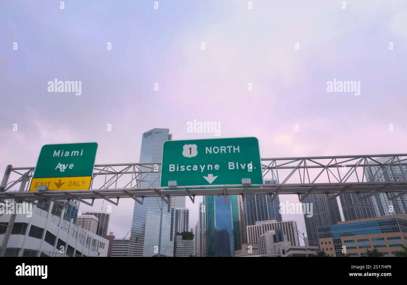 Biscayne Blvd directional signs on the highway - MIAMI, UNITED STATES ...