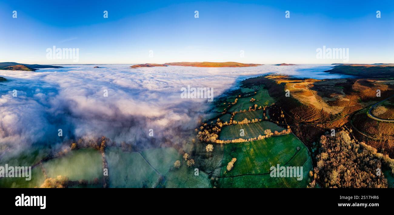 Aerial panorama of a cloud inversion and frost in the brecon beacons ...