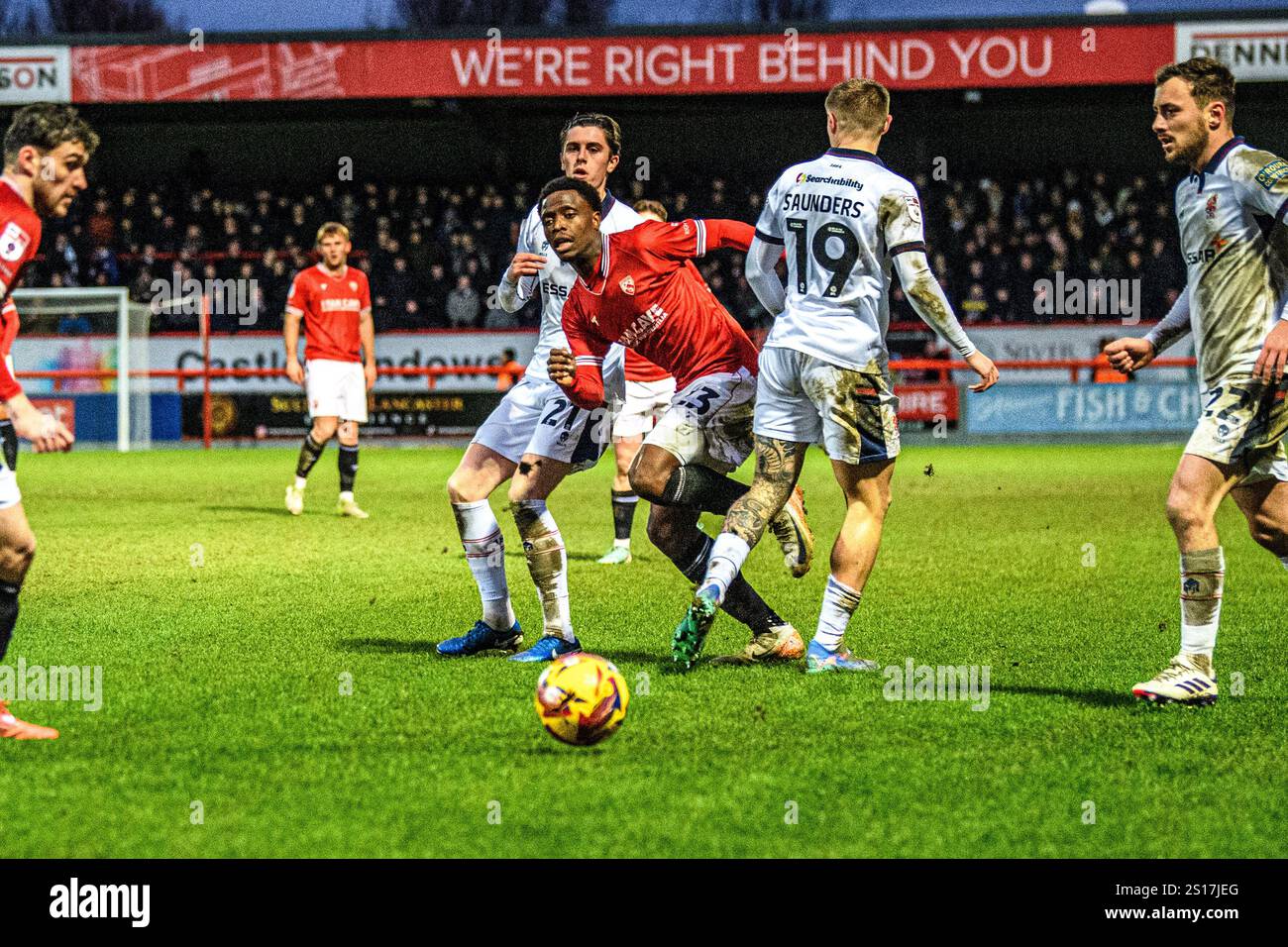 Morecambe FC's David Tutonda wrong foots Harvey Saunders of Tranmere ...