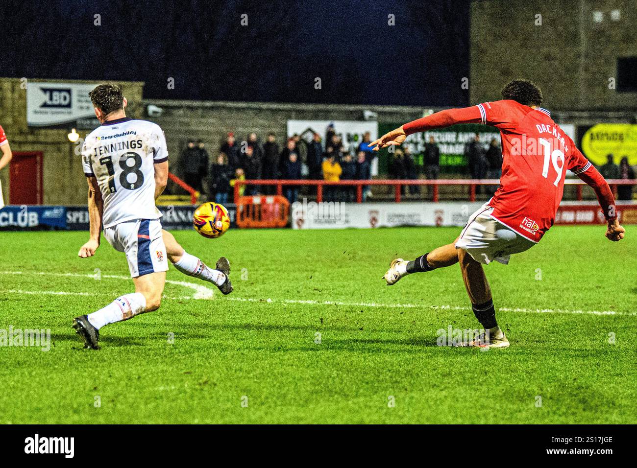 Morecambe FC's Marcus Dackers tries a shot during the Sky Bet League 2 ...