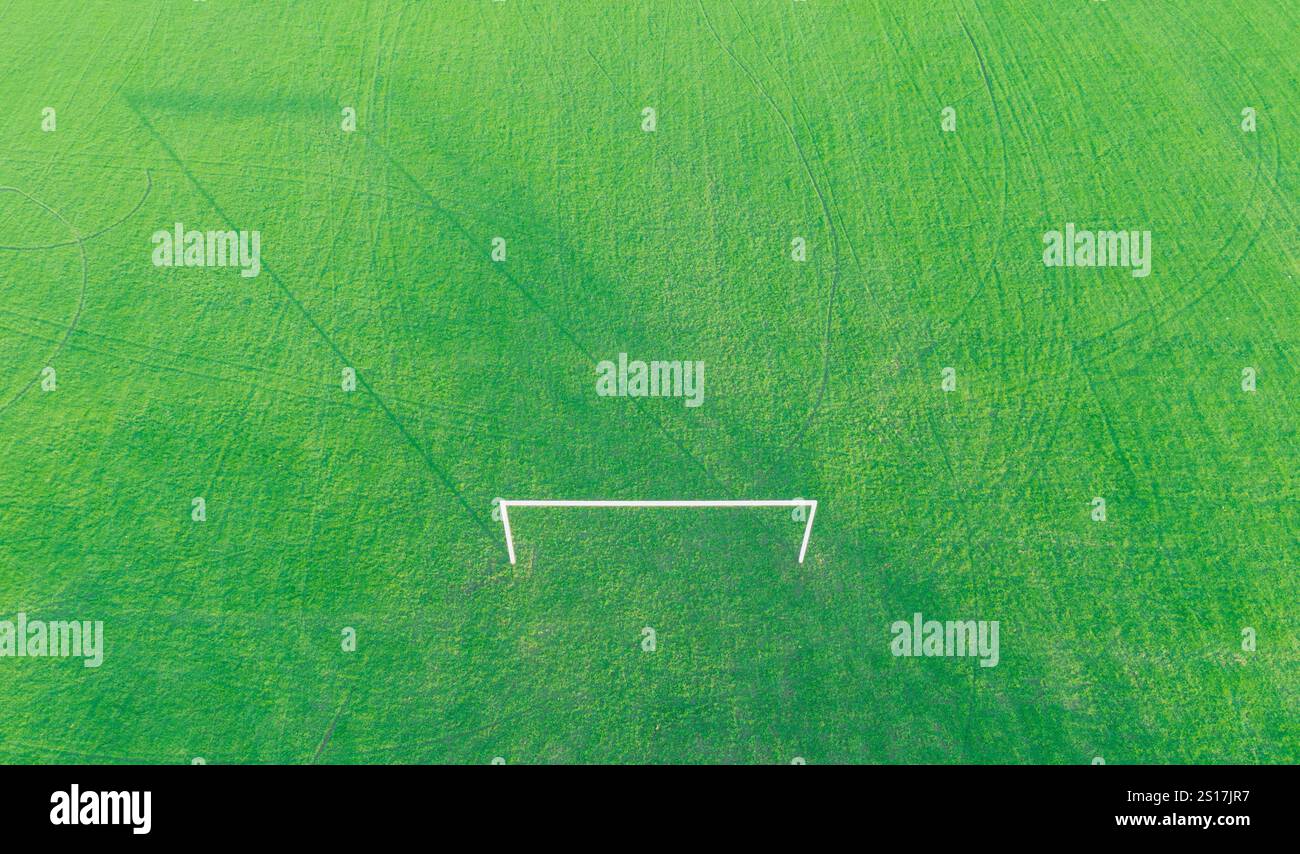 A soccer field with a white goal post in the middle. The field is lush ...
