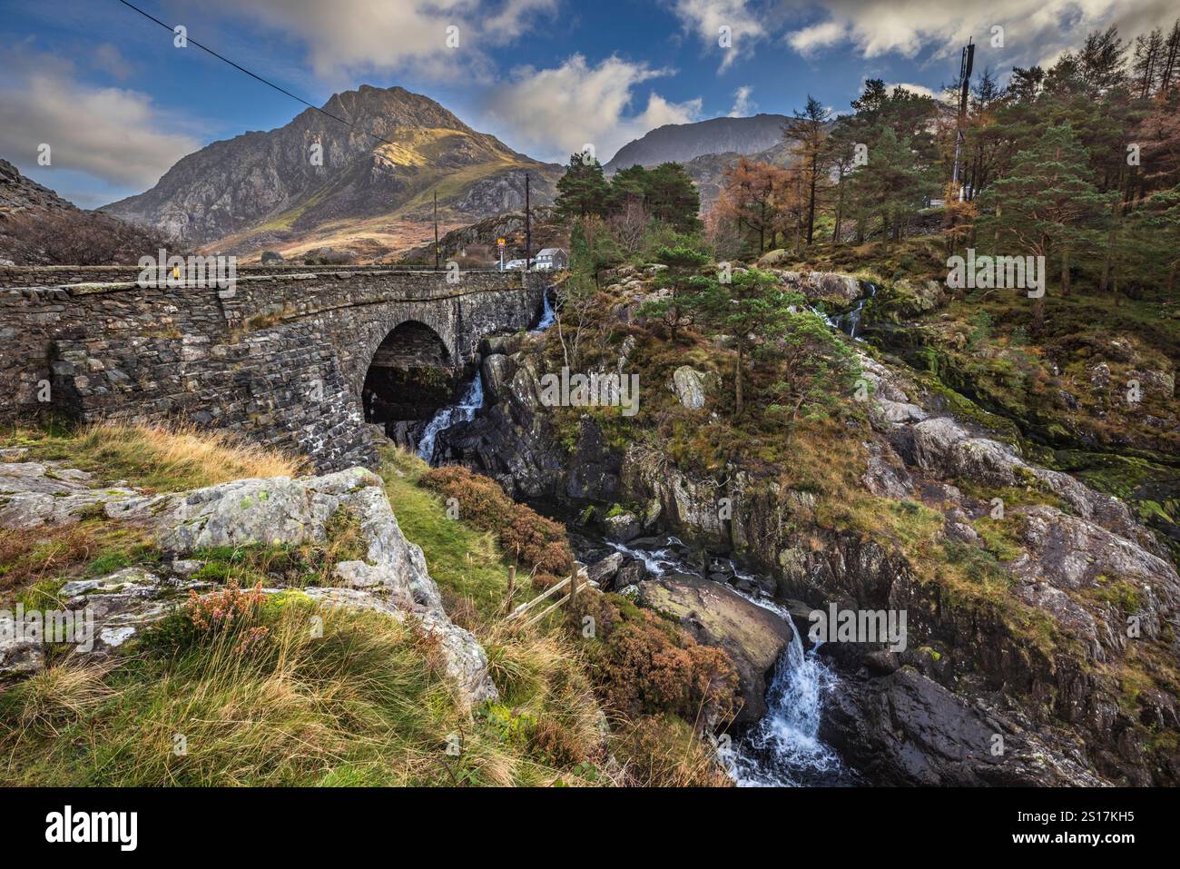 The Ogwen Falls near Llyn Ogwen with Tryfan mountain in the background ...