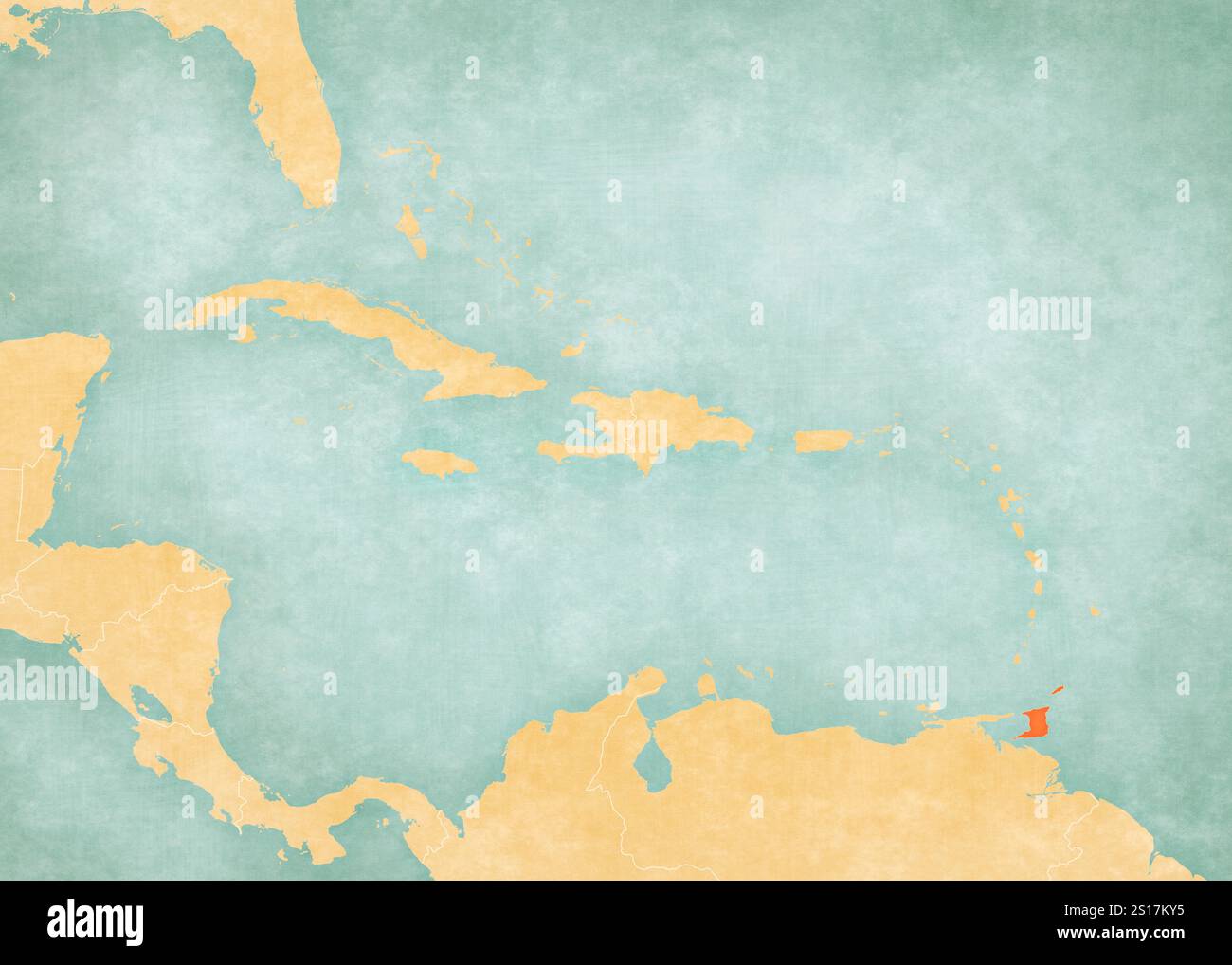 Trinidad and Tobago on the map of Caribbean islands in soft grunge and ...