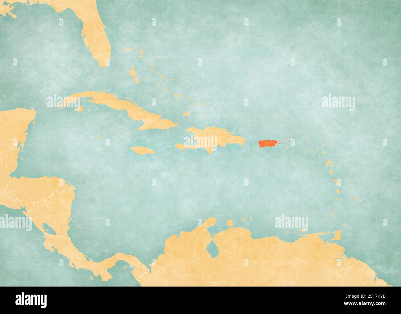 Puerto Rico on the map of Caribbean islands in soft grunge and vintage ...